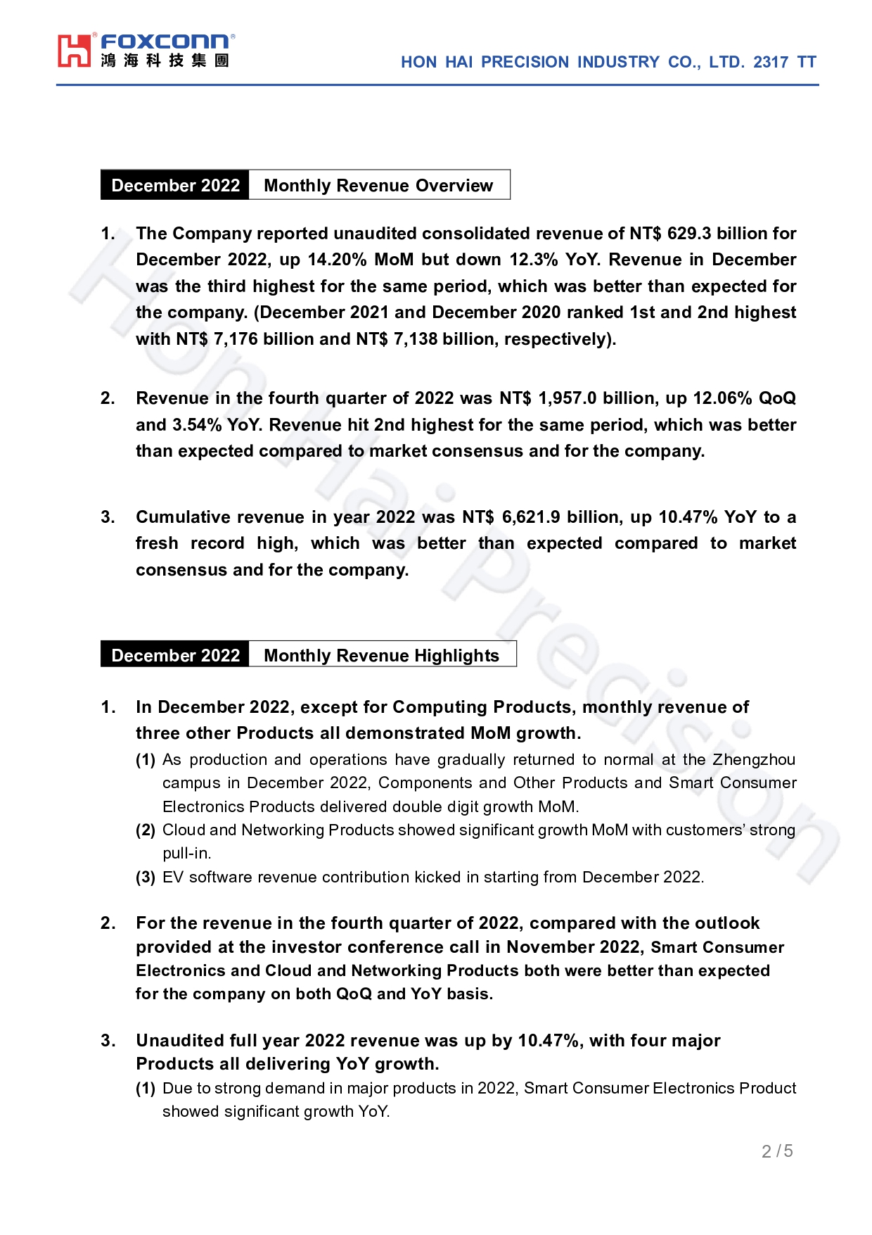 Hon Hai Precision Industry Co., Ltd. announced unaudited consolidated ...